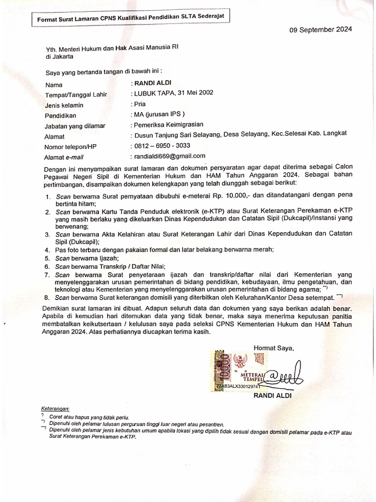 Surat Lamaran Randi Aldi | PDF