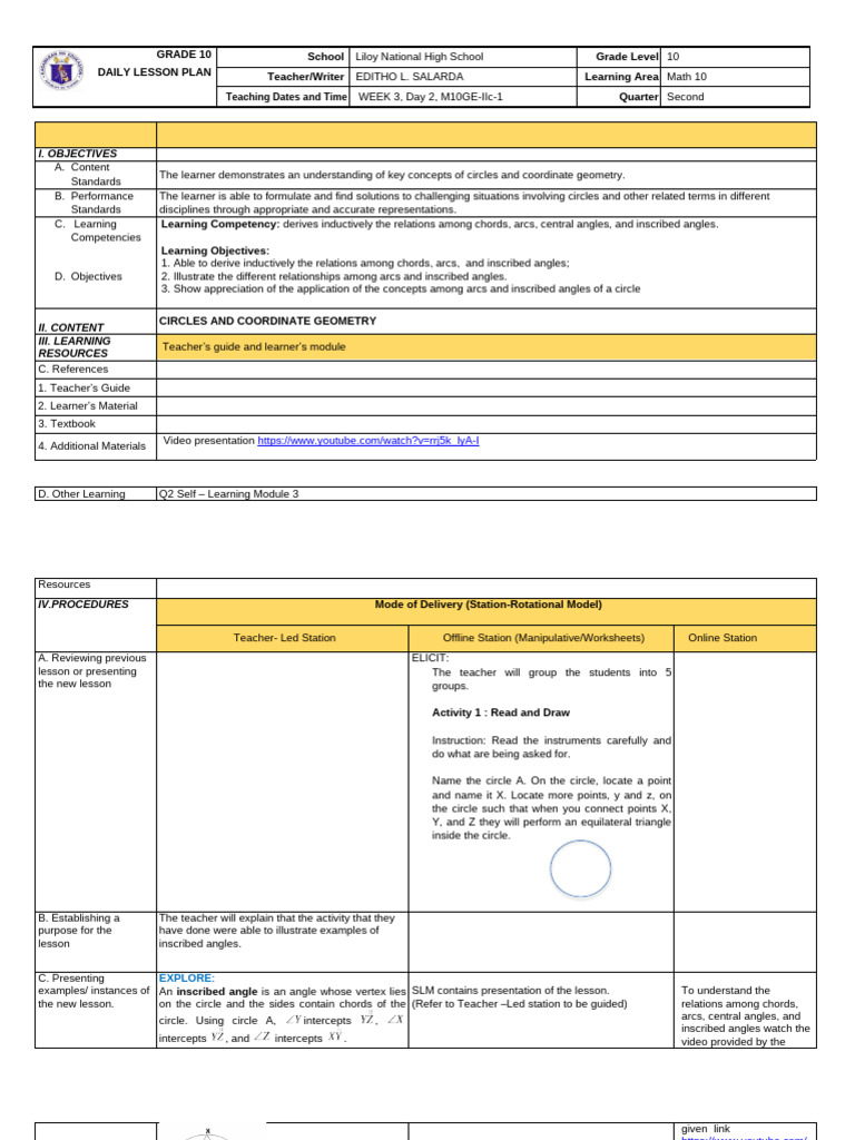 Blended DLP G10 Week3 Lesson 2 | PDF | Circle | Learning