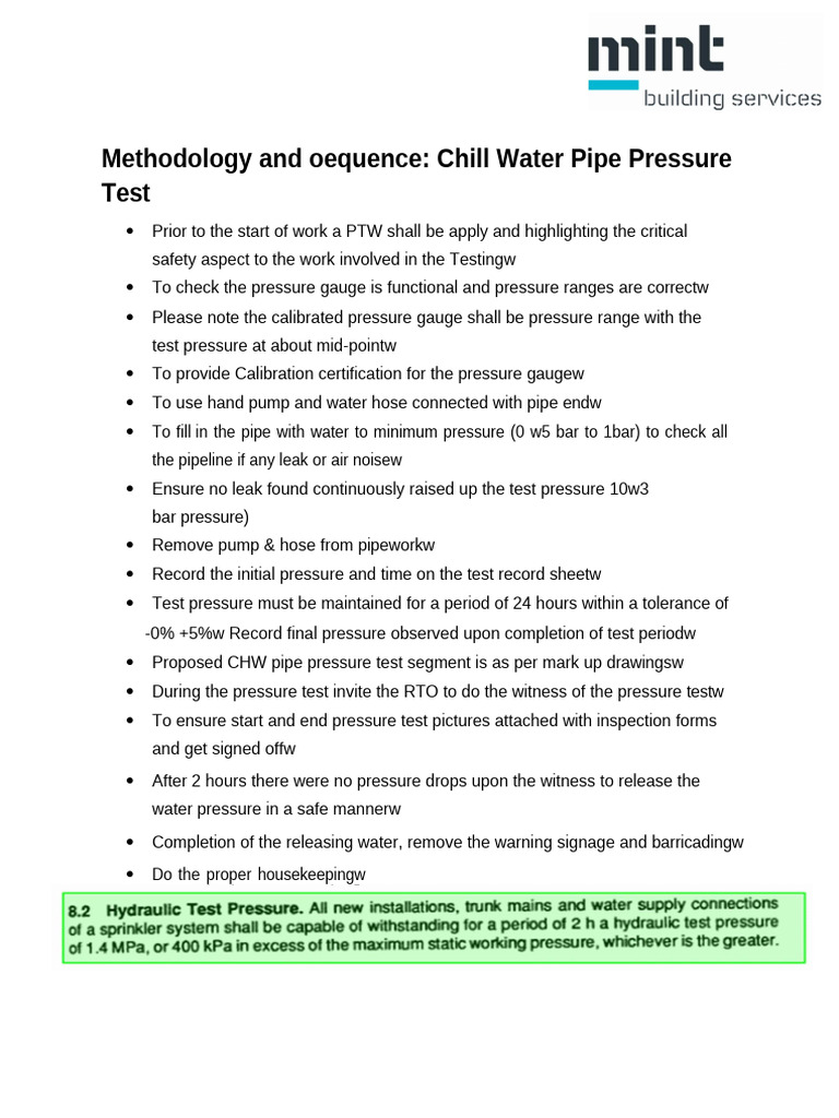 Methodology and Oequence: Chill Water Pipe Pressure Test | PDF | Home ...
