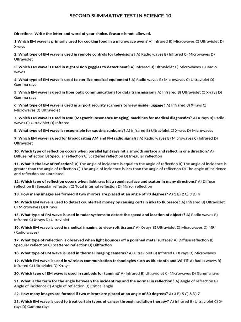 Second Summative Test in Science 10 | PDF | Reflection (Physics) | Infrared