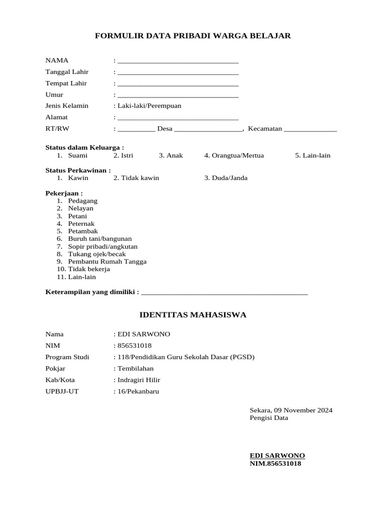Formulir Data Pribadi Warga Belajar | PDF