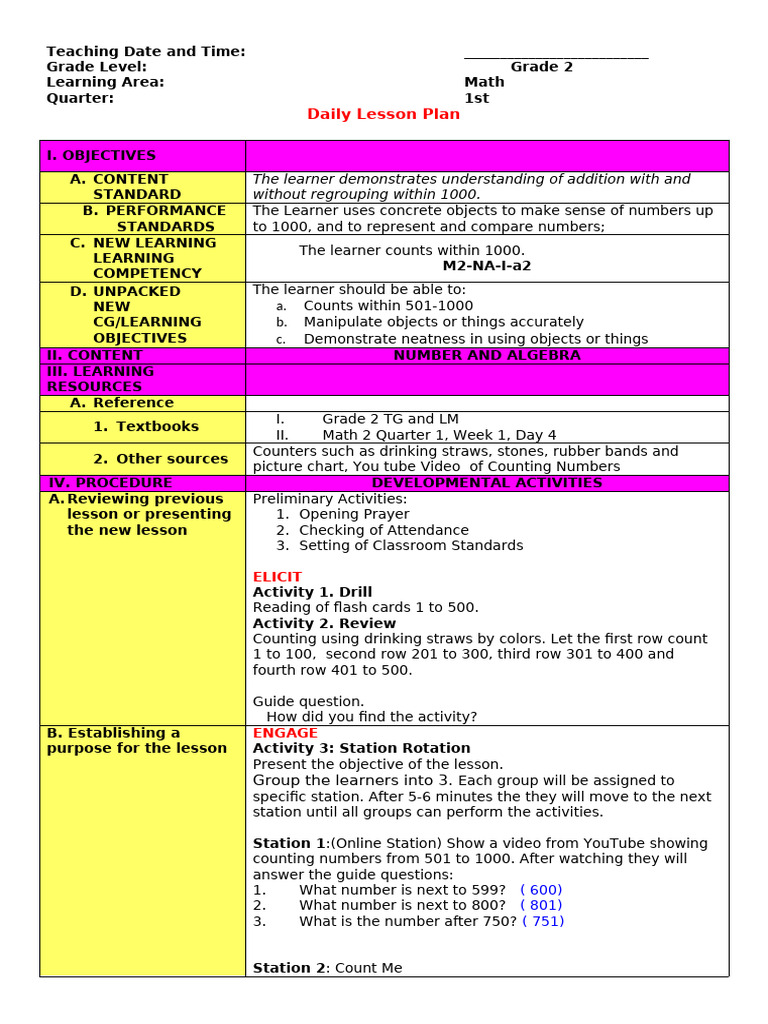 Math 2, Week 1, Day 4, Counts Within 1000 M2-NA-I-a2 | PDF | Learning | Cognition
