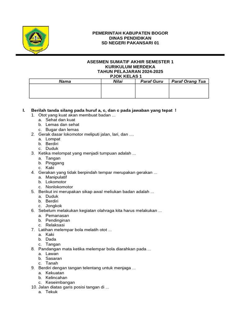 ASAS GANJIL PJOK KELAS 1 TP 2024-2025 by Bupidi | PDF