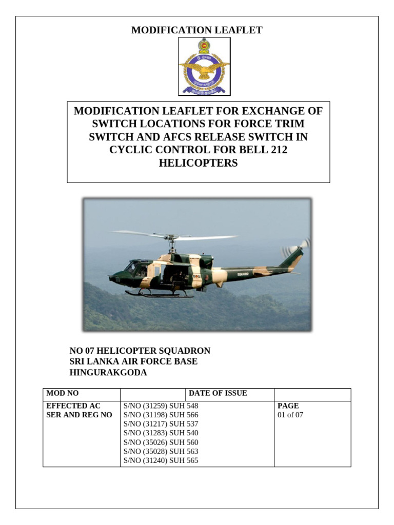 Modification Leaflet - Bell 212 Switch Exchange | PDF | Aviation | Aircraft