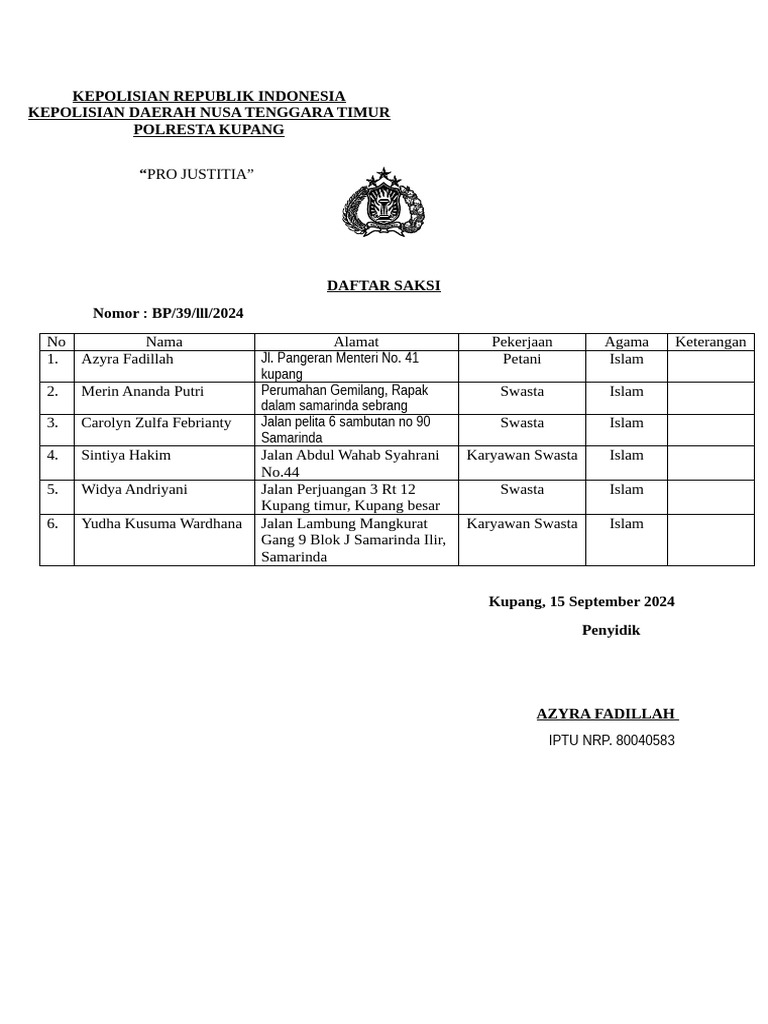 Daftar Saksi Polresta Kupang 2024 | PDF