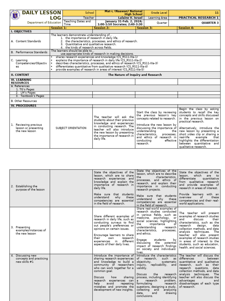 Practical Research 1 Lesson Plan | PDF | Qualitative Research ...
