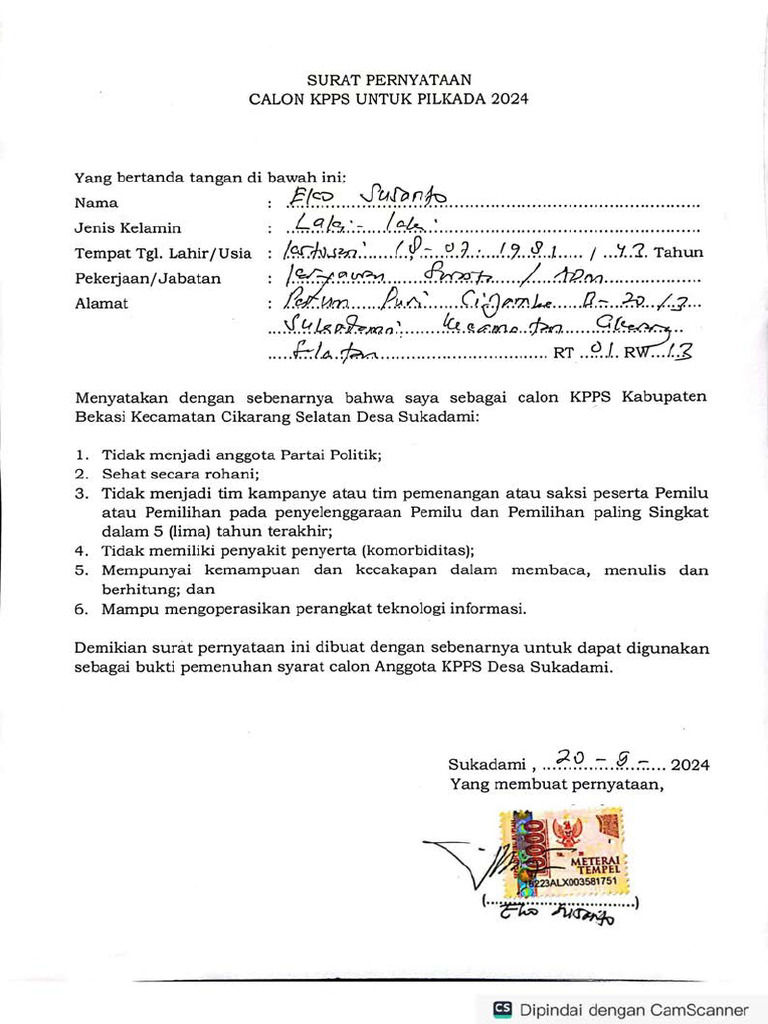 Surat Pernyataan Eko Susanto 1 | PDF