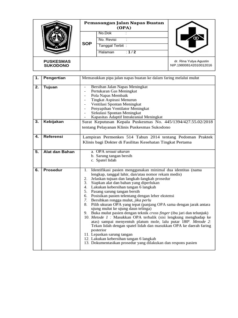 Pemasangan Jalan Napas Buatan (OPA & NPA) | PDF