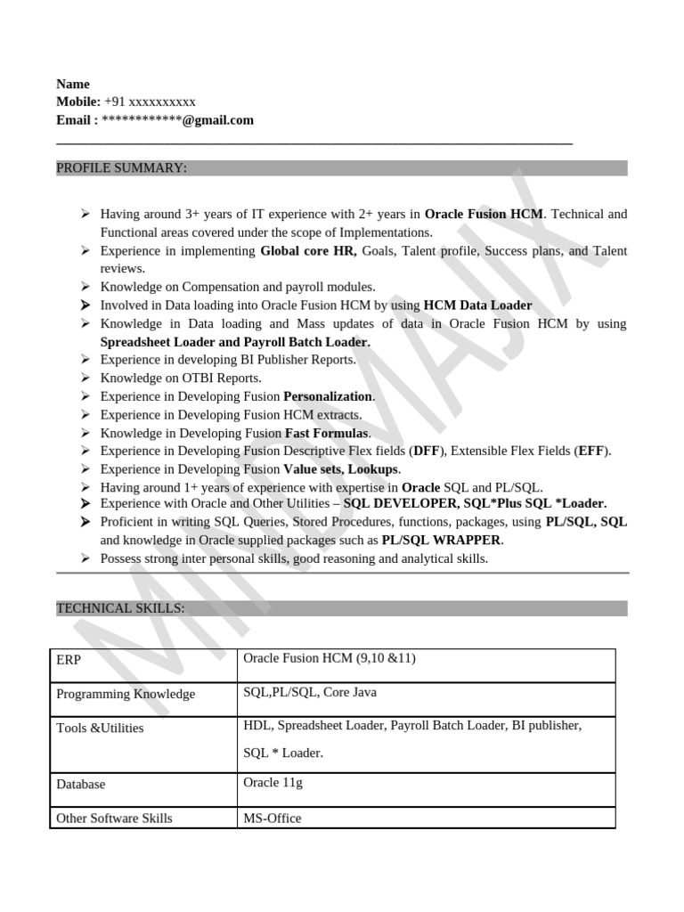 Oracle Fusion HCM Sample Resume 1 | PDF | Pl/Sql | Sql