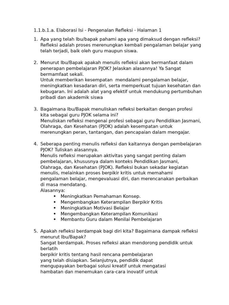 Manfaat Refleksi dalam Pembelajaran PJOK | PDF | Karier & Perkembangan