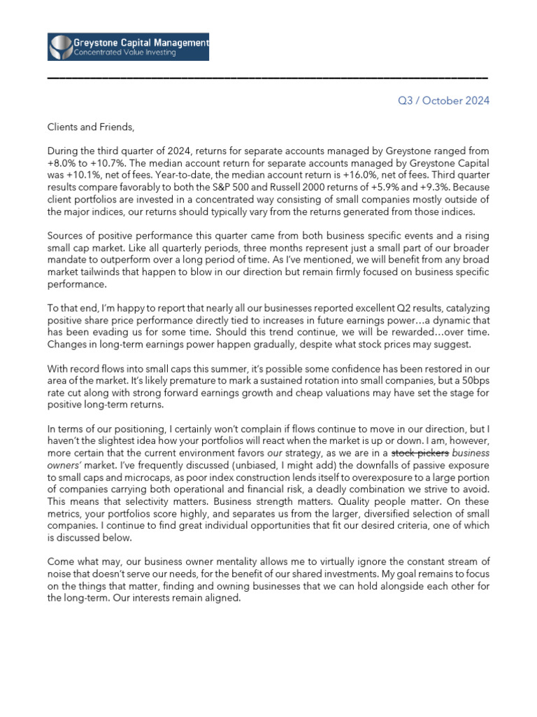 Greystone Capital Q3 2024 Letter | PDF | Economies | Investing