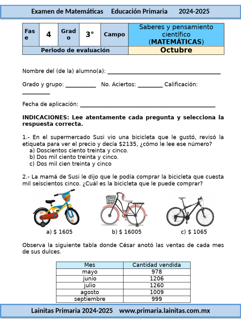 Examen de Matemáticas 3° Primaria 2024-2025 | PDF | Sustracción ...