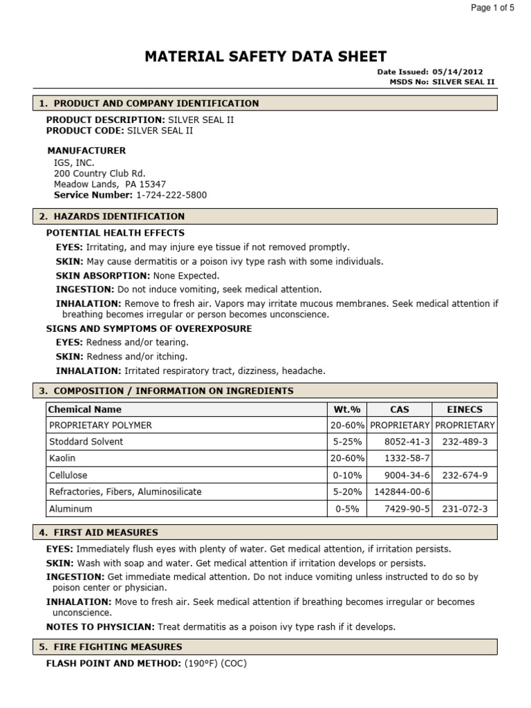 Silver Seal Ii MSDS New | PDF | Dangerous Goods | Personal Protective Equipment