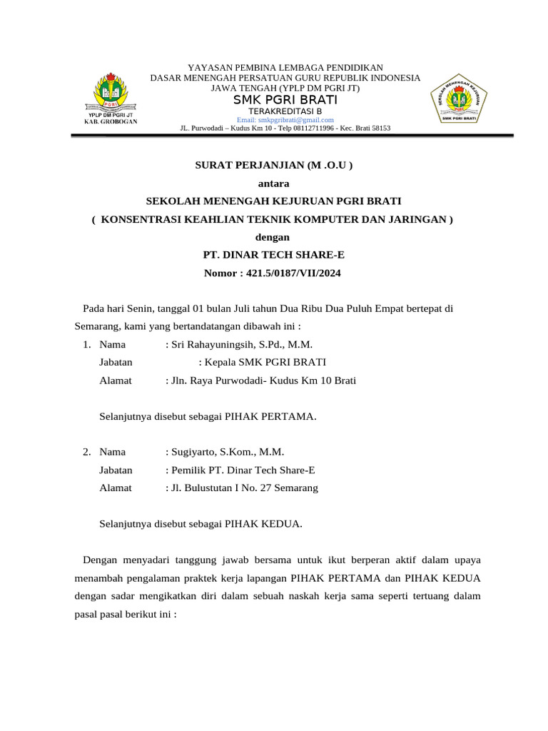 Mou TKJ SMK Pgri Brati | PDF