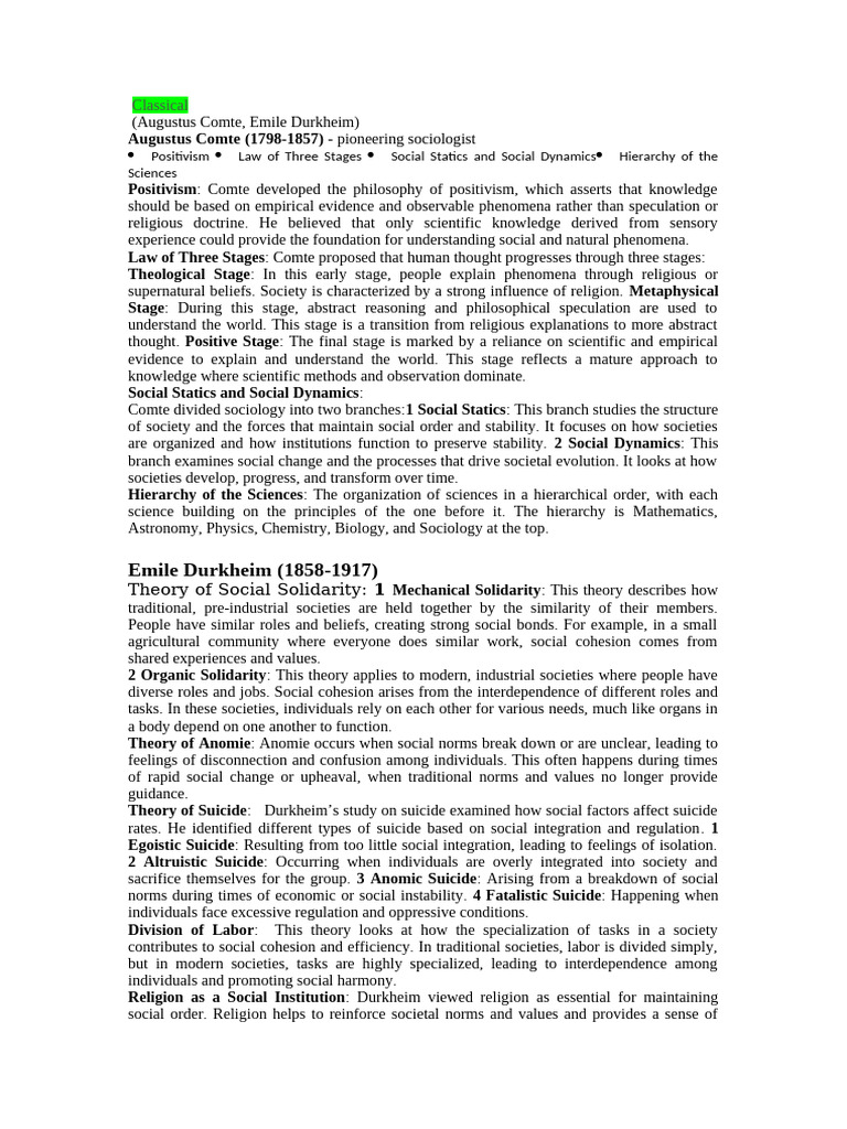 Classical Modern and Post Modern Theoriest in Sociology | PDF ...