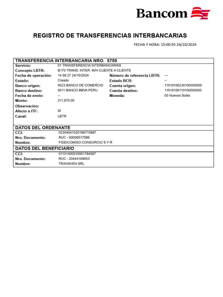 Nota de Transferencia IV (TRANSVEN) | PDF