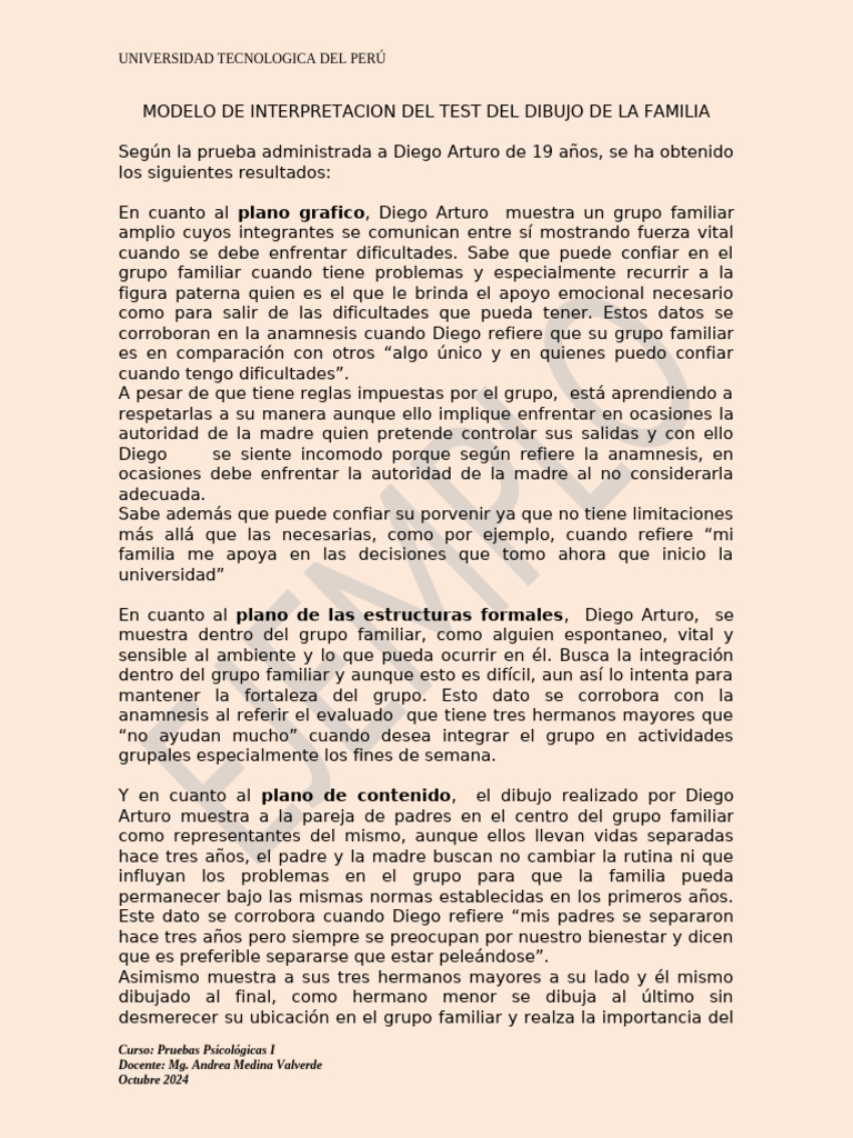 Modelo de Interpretacion Del Test Del Dibujo de La Familia - Ucv | PDF ...