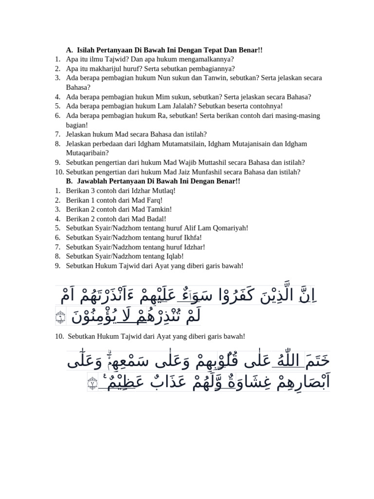 Soal Tajwid Kelas 9 2024 | PDF