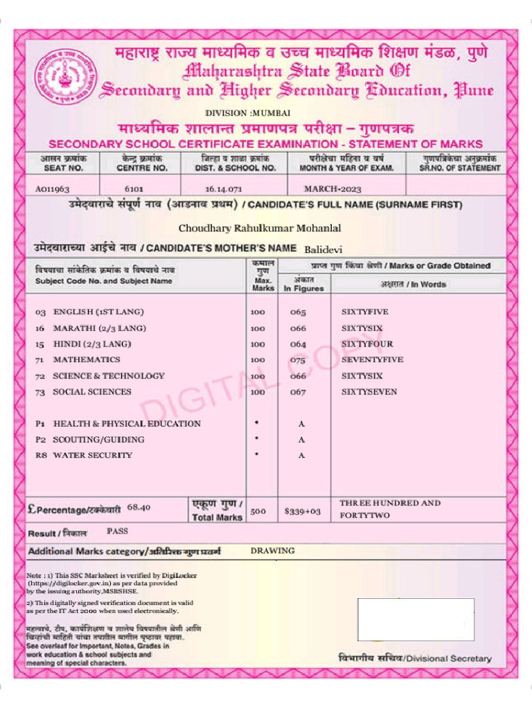 Class 10th Marksheet | PDF
