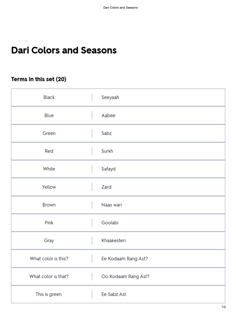 Dari Colors and Seasons Flashcards - Quizlet | PDF