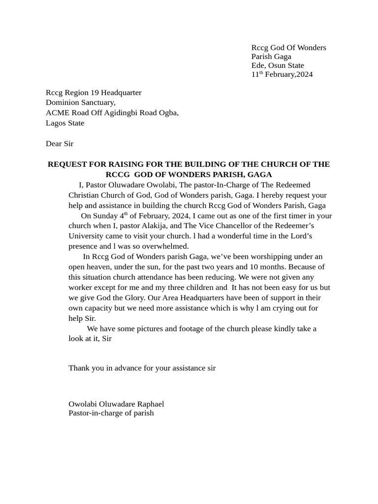 Church Letter (RCCG God of Wonders) | PDF