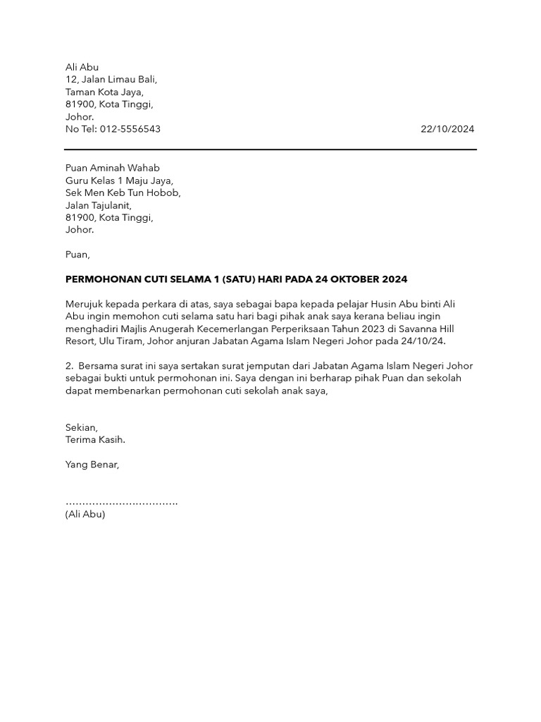 Sample Surat Cuti Sekolah | PDF