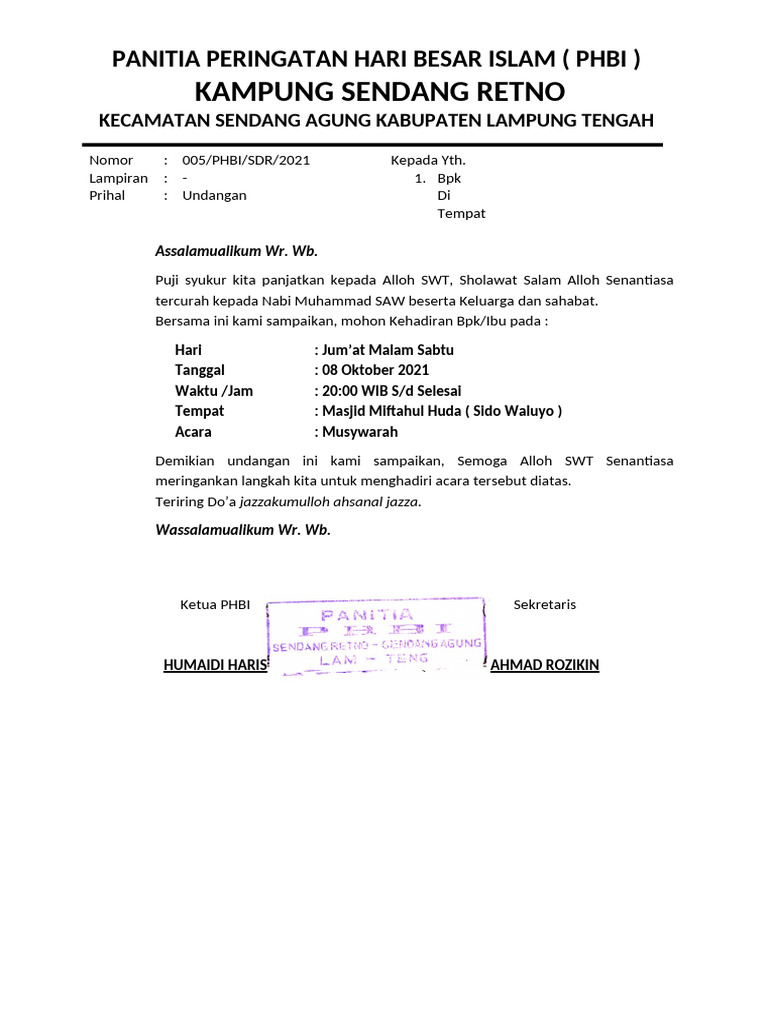 Undangan Musyawarah PHBI Kampung Sendang | PDF