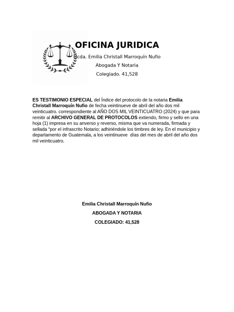 Testimonio Notarial de Emilia Marroquín | PDF | Derecho