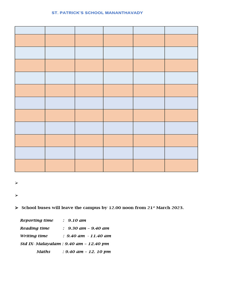 Annual Exam Time Table - SR School | PDF
