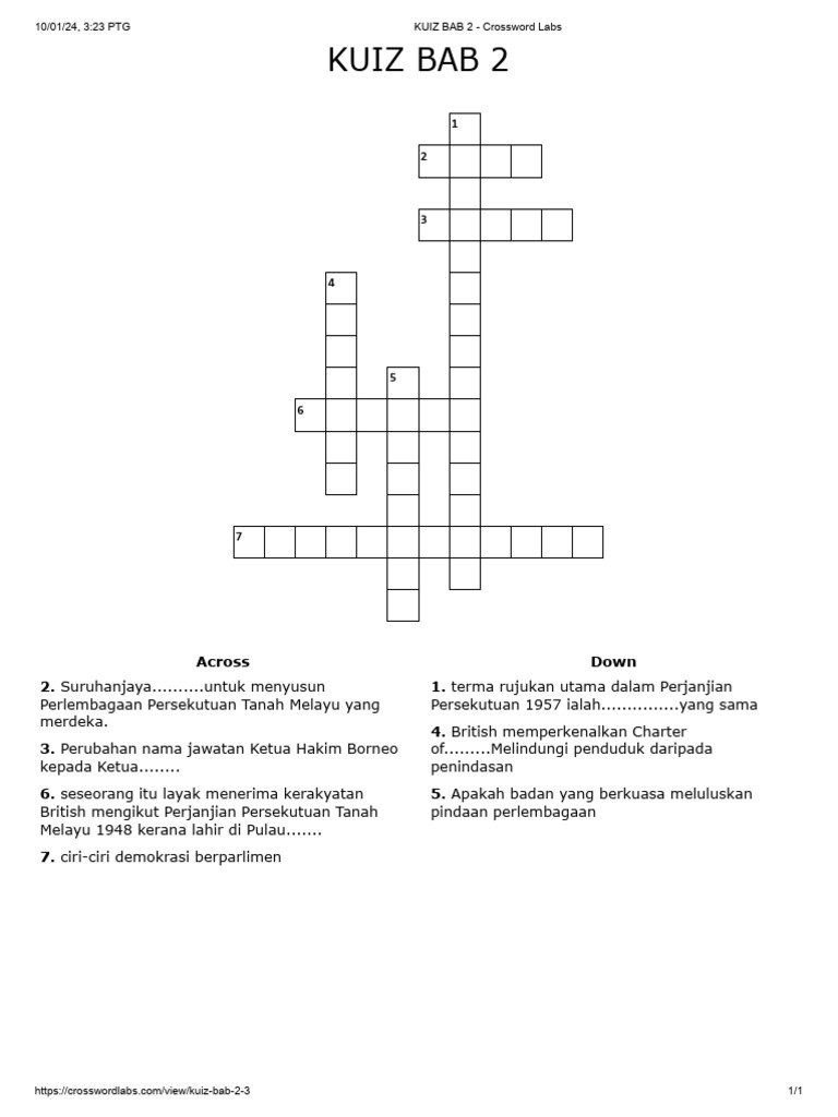 KUIZ BAB 2 SEJARAH TINGKATAN 5 - Crossword Labs | PDF