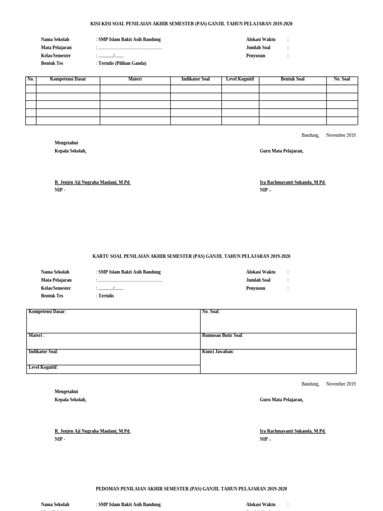 Format Kisi-Kisi, Kartu, Pedoman, Kop Pas 2019-2020 | PDF