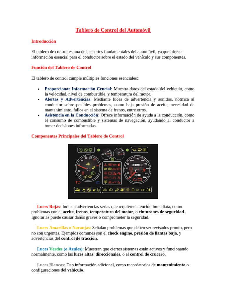 Importancia del Tablero de Control Automotriz | PDF | Coche | Motores