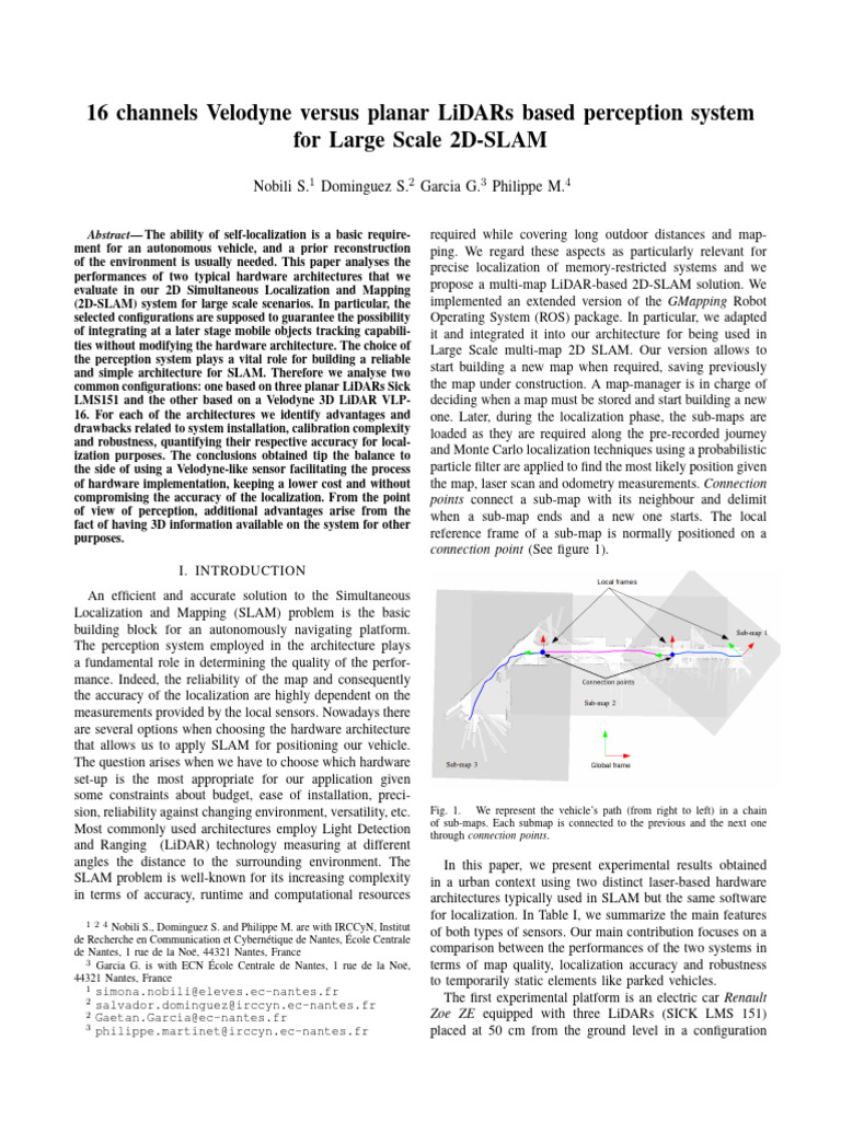 16 Channels Velodyne Versus Planar LiDARs Based Perception System For Large Scale 2D SLAM | PDF ...