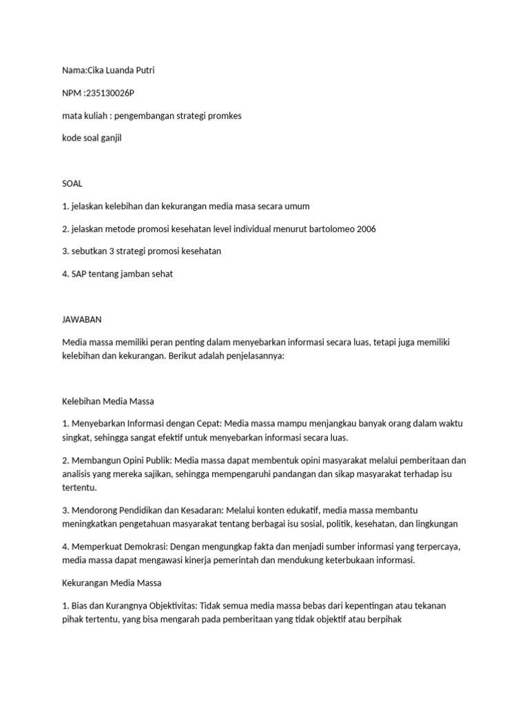 Cika Luanda Putri235130026P PENGEMBANGAN STRATEGI PROMKES SOAL GANJIL | PDF