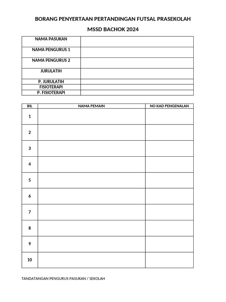Borang Futsal Prasekolah | PDF