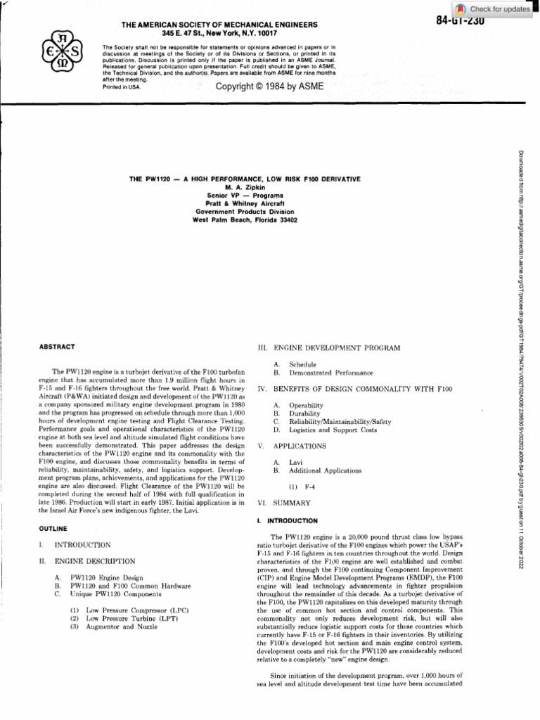 ASME 84-GT-230 PW1120 - A High Performance, Low Risk F100 Derivative ...