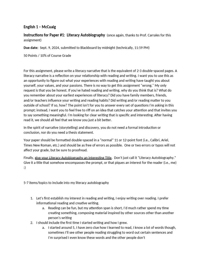 Literacy Autobiography | PDF | Literacy | Writing