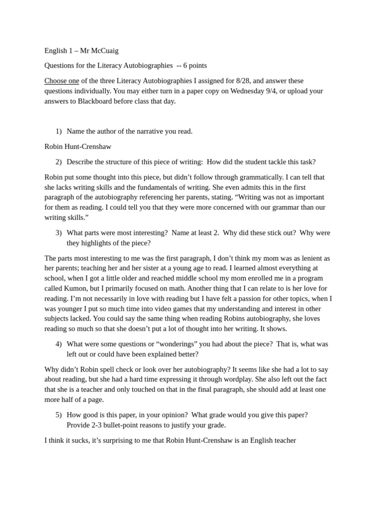 Analyzing Robin Hunt-Crenshaw's Autobiography | PDF | Literacy | Learning