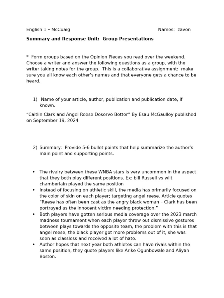Summary and Response Group Sheet | PDF | Games & Activities | Social ...