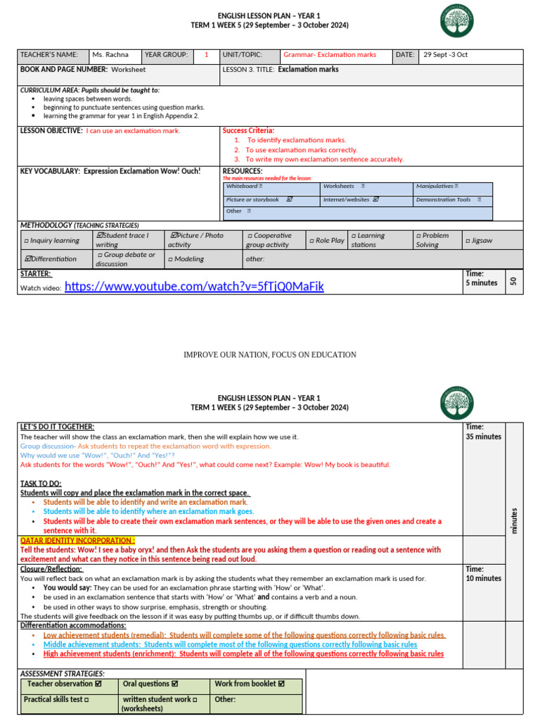 Grammar Lesson Plan Week 5 | PDF | Lesson Plan | Cognitive Science