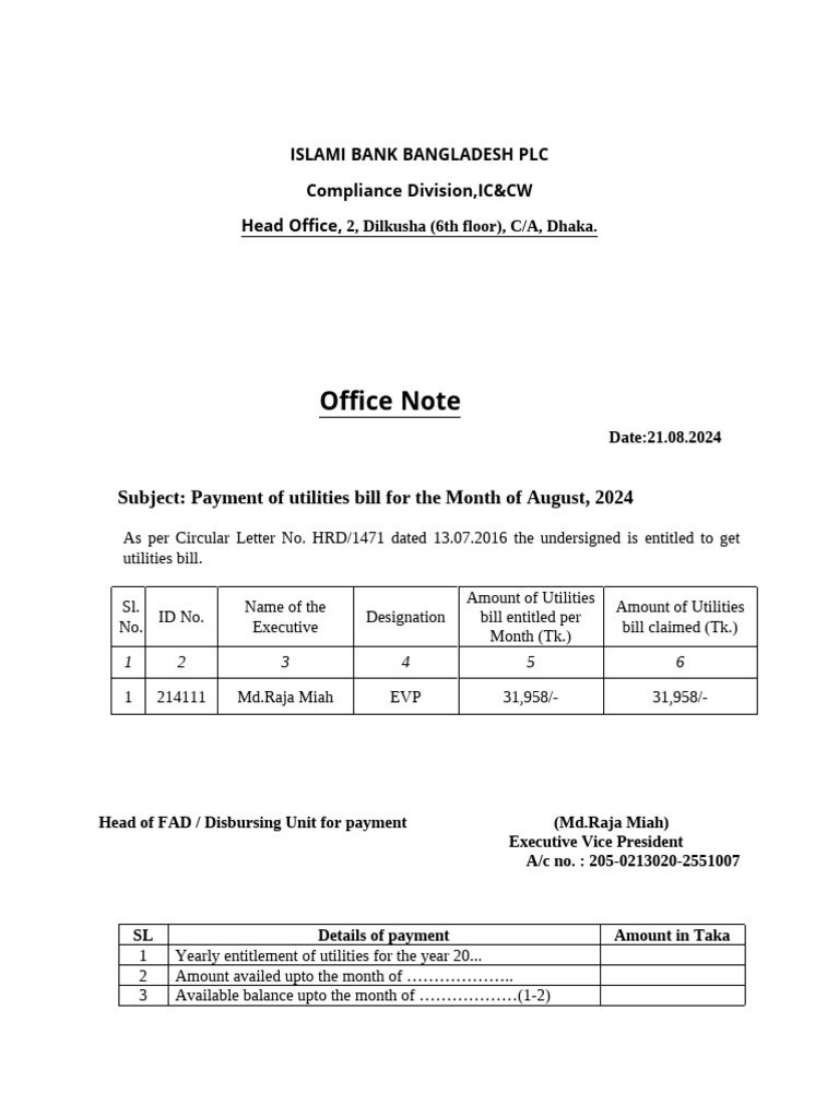 Office Note: Subject: Payment of Utilities Bill For The Month of August, 2024 | PDF