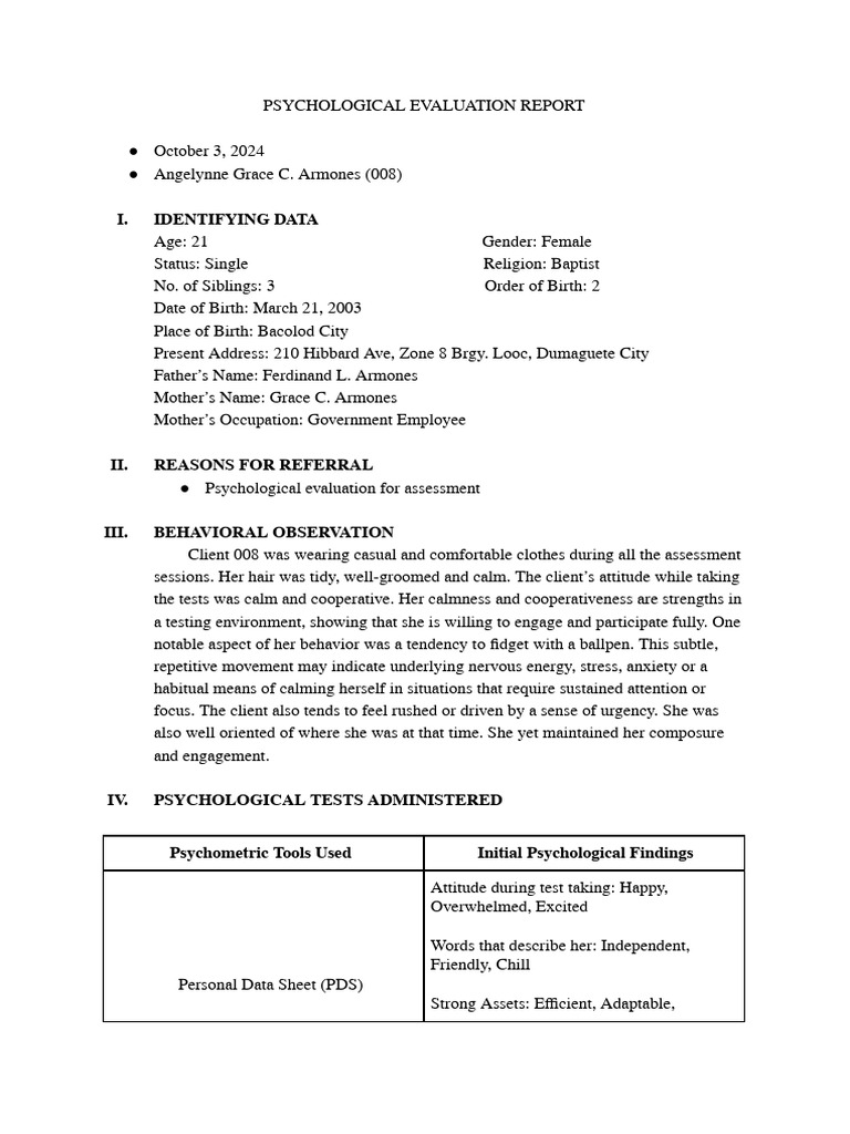 Psychological Evaluation Report | PDF | Anxiety | Cognitive Behavioral Therapy