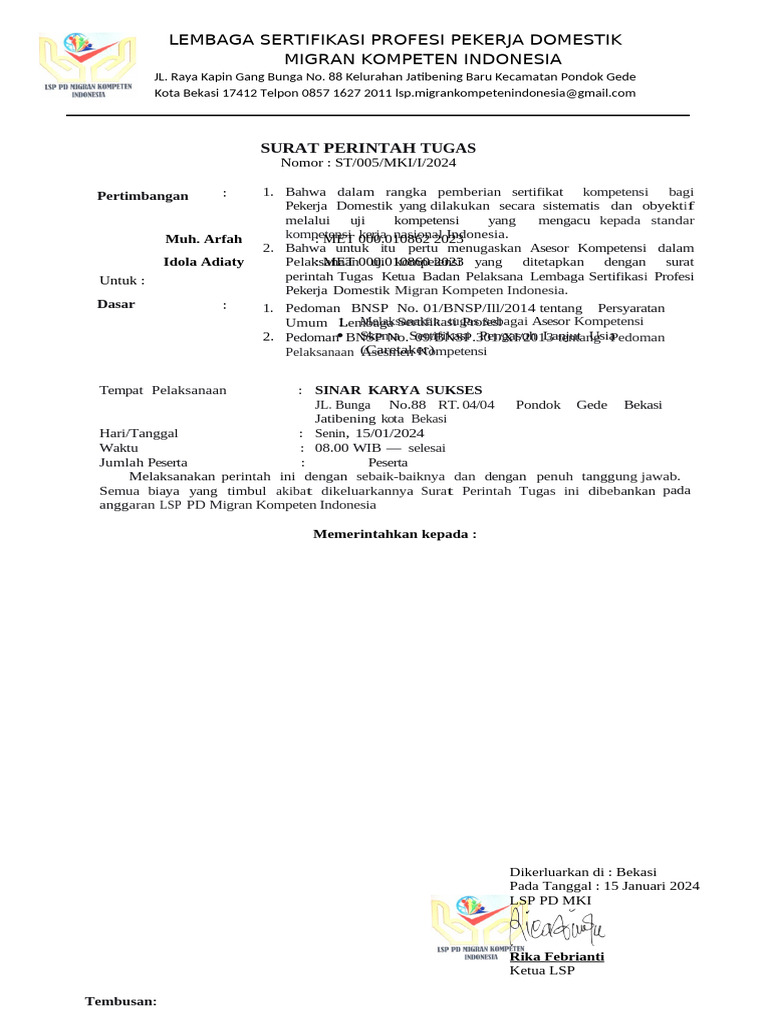 Surat Perintah Tugas Asesor | PDF