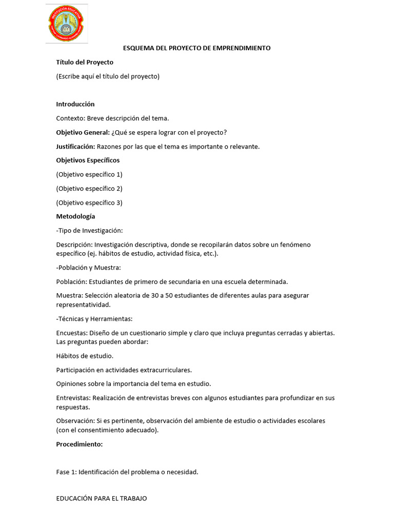 ESQUEMA DEL PROYECTO DE EMPRENDIMIENTO | PDF | Metodología de encuesta | Cognición