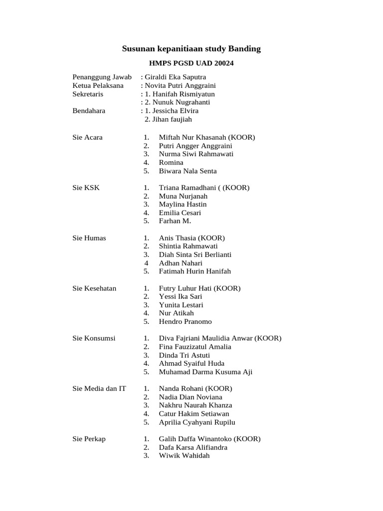 Susunan Kepanitiaan Study Banding 2024-1 | PDF