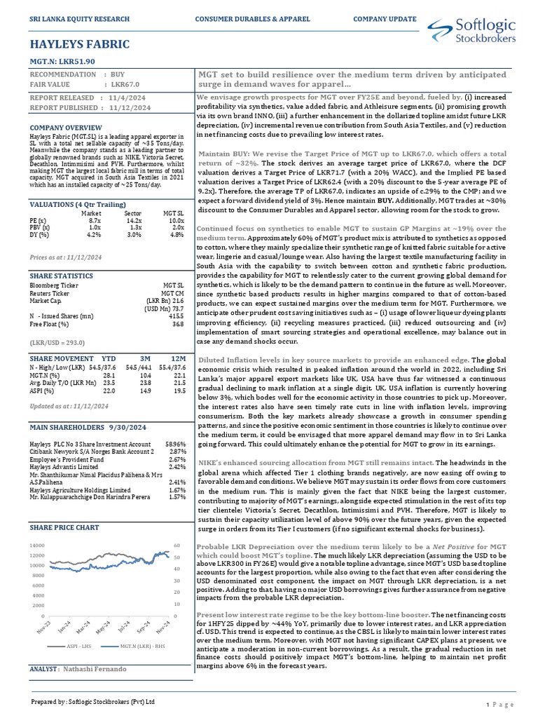 MGT Company Update: Buy Recommendation | PDF | Expense | Textiles