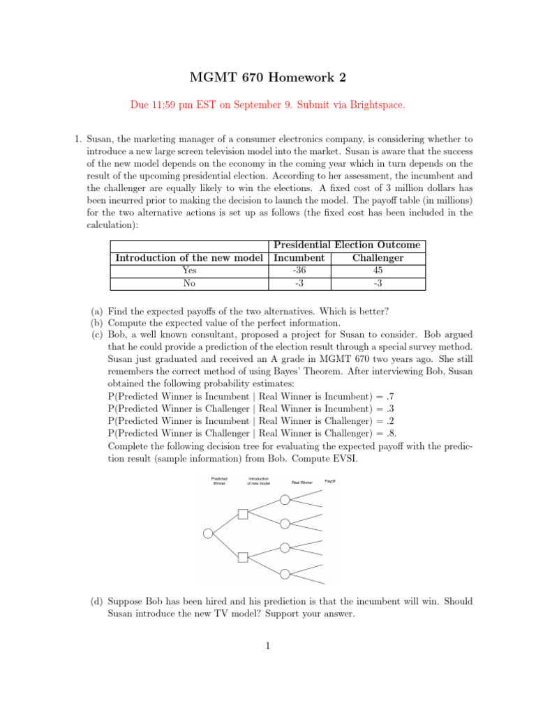 MGMT 670 Homework 2: Due 11:59 PM EST On September 9. Submit Via ...