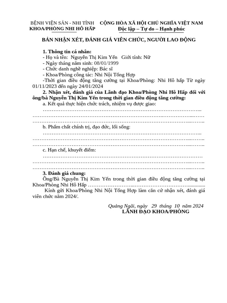 Bệnh Viện Sản - Nhi Tỉnh: Cộng Hòa Xã Hội Chủ Nghĩa Việt Nam Khoa/Phòng Nhi Hô Hấp | PDF