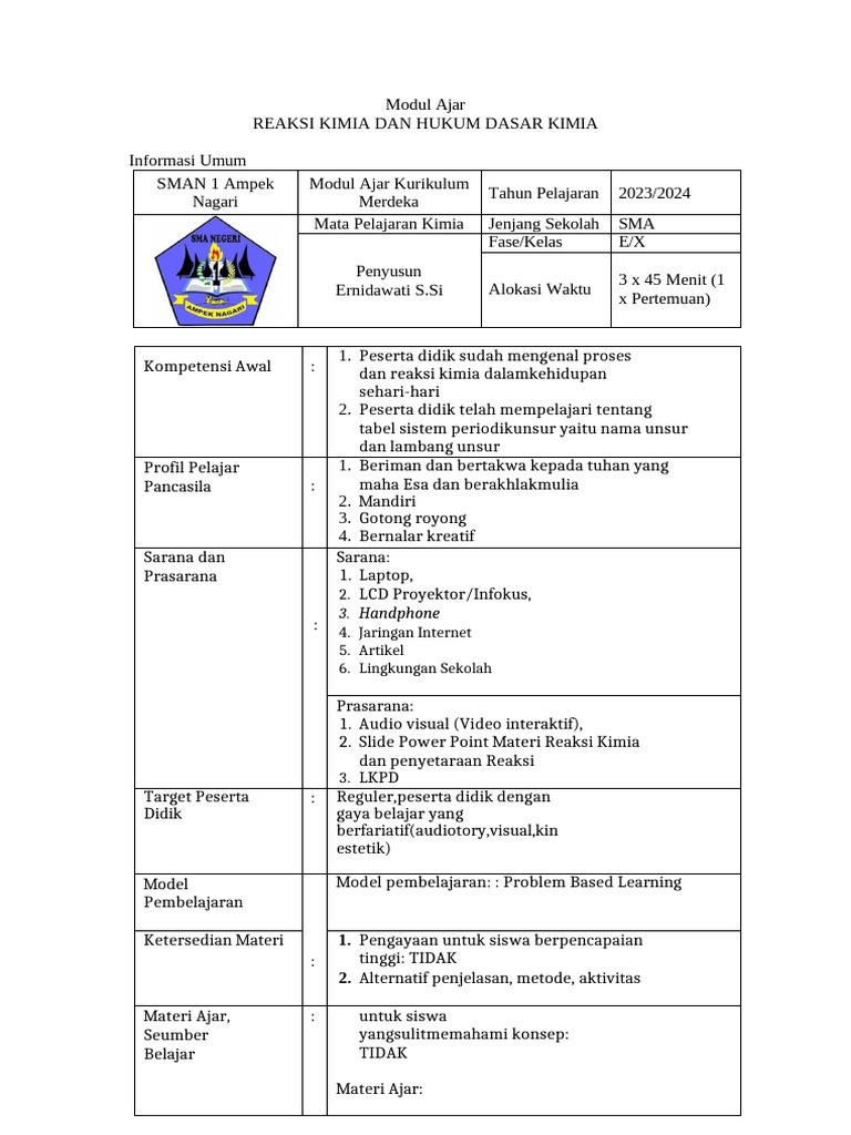 Modul Ajar Reaksi Kimia Dan Hukum Dasar Kimia-Digabungkan | PDF | Sains ...