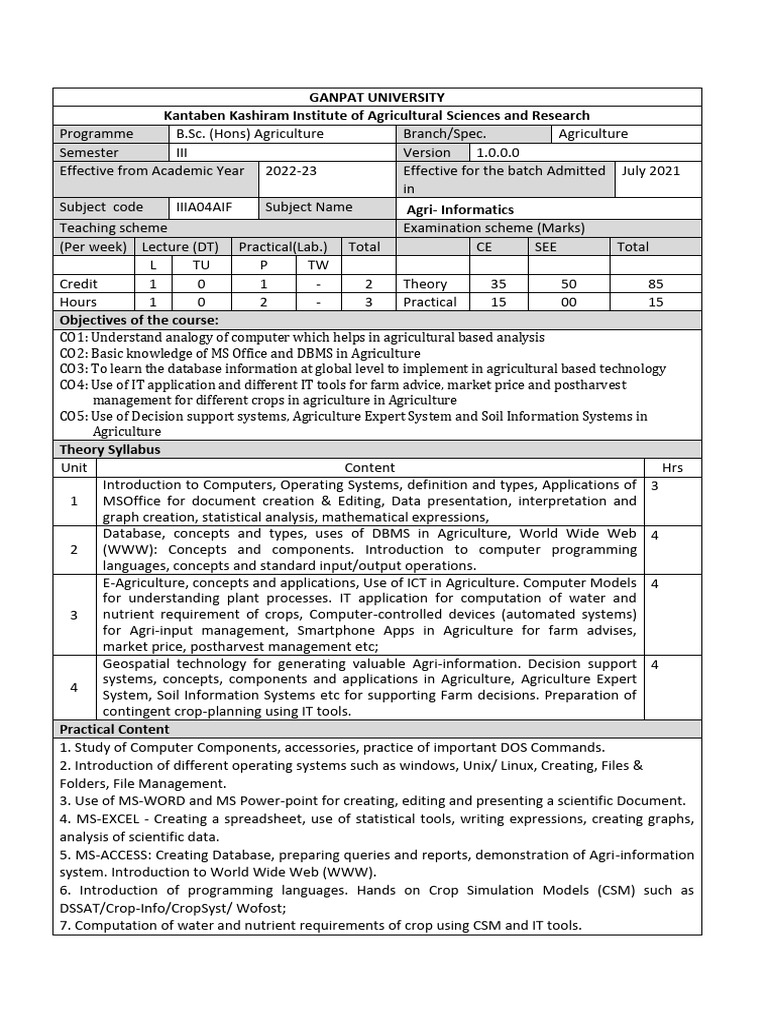 Agri Informatics Syllabus | PDF | Databases | Computer Science